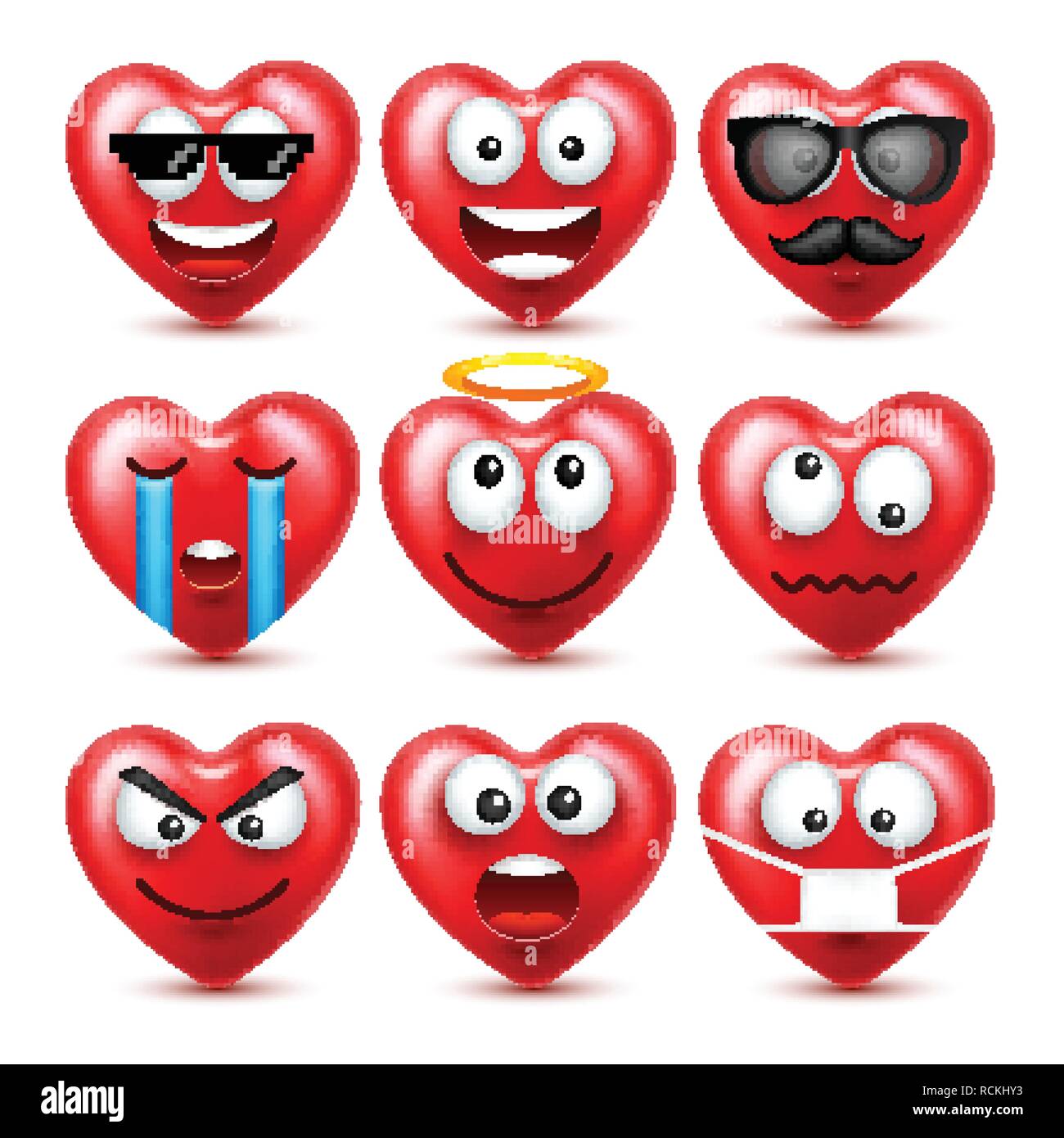 Heart Smiley Emoji Vector Set For Valentines Day. Funny Red Face With ...