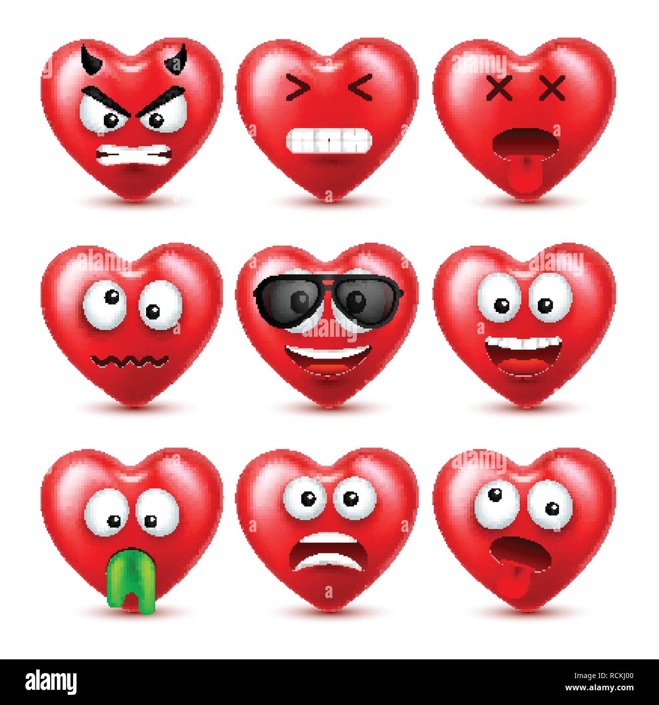 Heart Smiley Emoji Vector Set For Valentines Day. Funny Red Face With ...