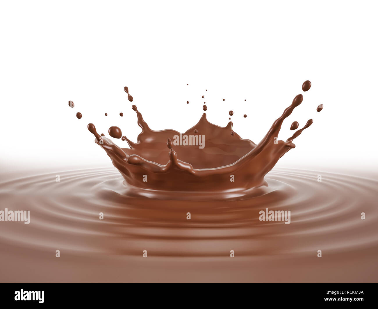 Liquid Chocolate pool with crown splash and ripples. Isolated On white ...