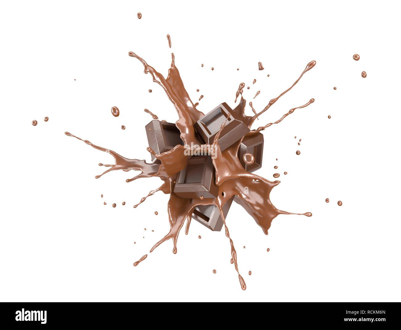 Chocolate blocks splashing into a liquid chocolate splash burst in the ...
