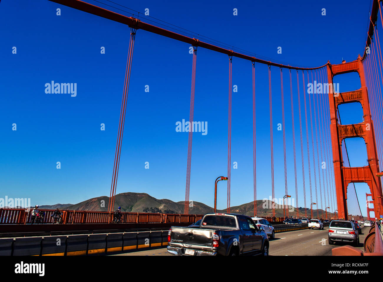 Red long bridge over the sea bay. The Golden Gate, San Francisco Stock ...