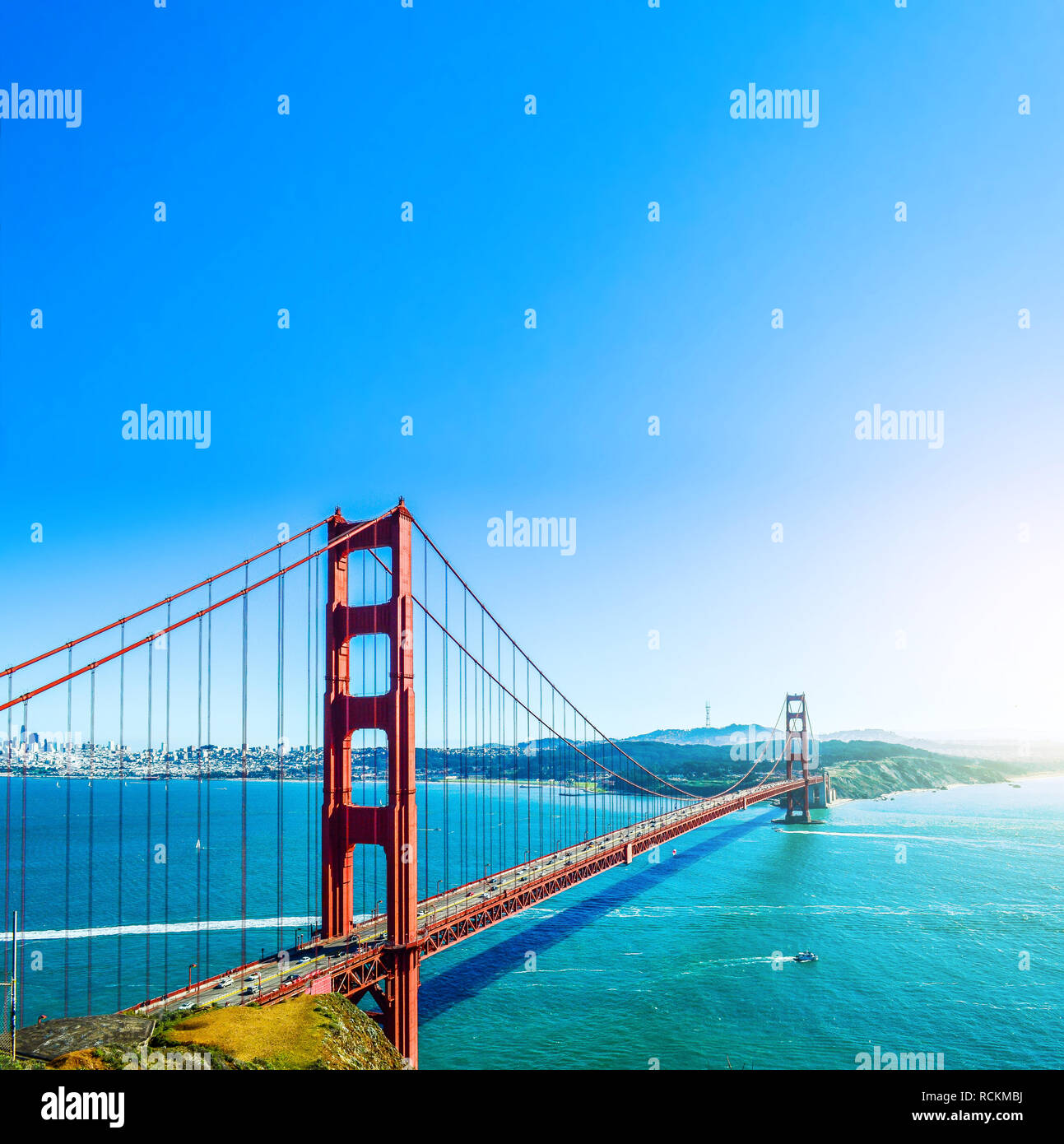 Red long bridge over the sea bay. The Golden Gate, San Francisco Stock ...