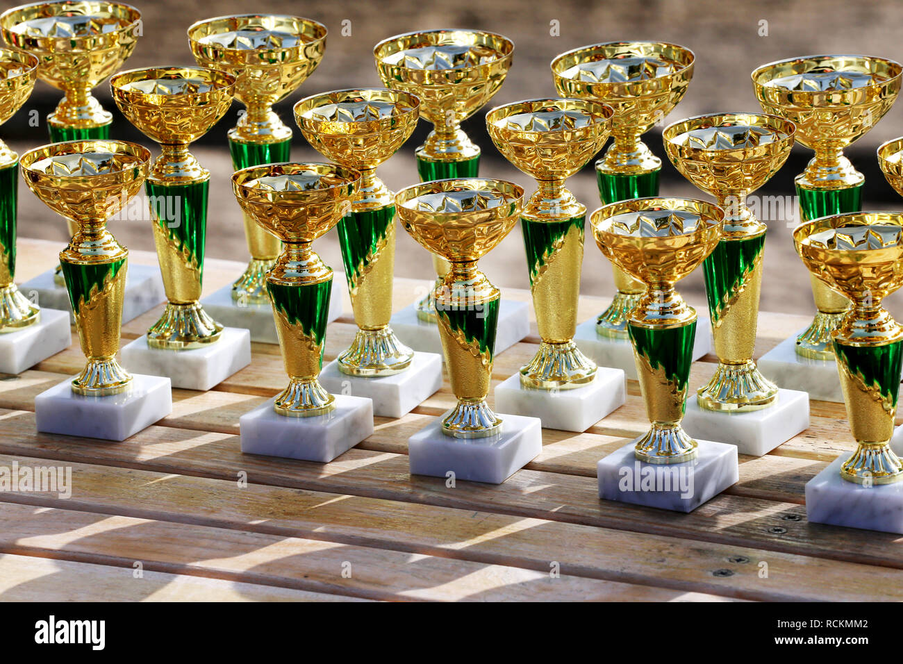 Golden colored trophies waiting for winners at an equestrian event ...