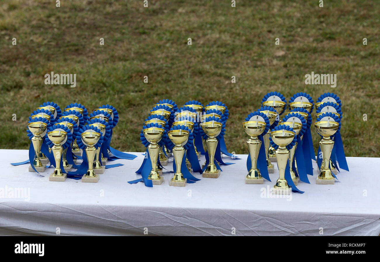 Group of golden trophies championship awards in row outdoors Stock ...