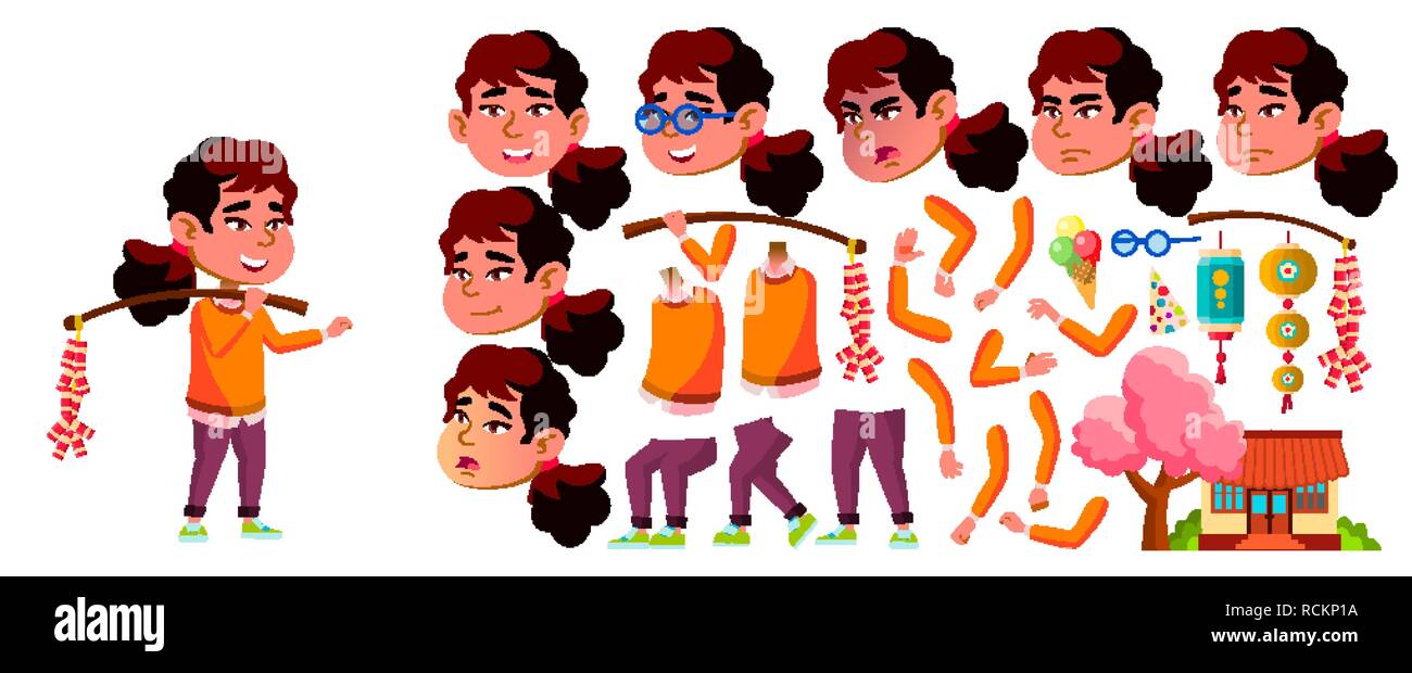 Asian Girl Kindergarten Kid Vector. Animation Creation Set. Face ...