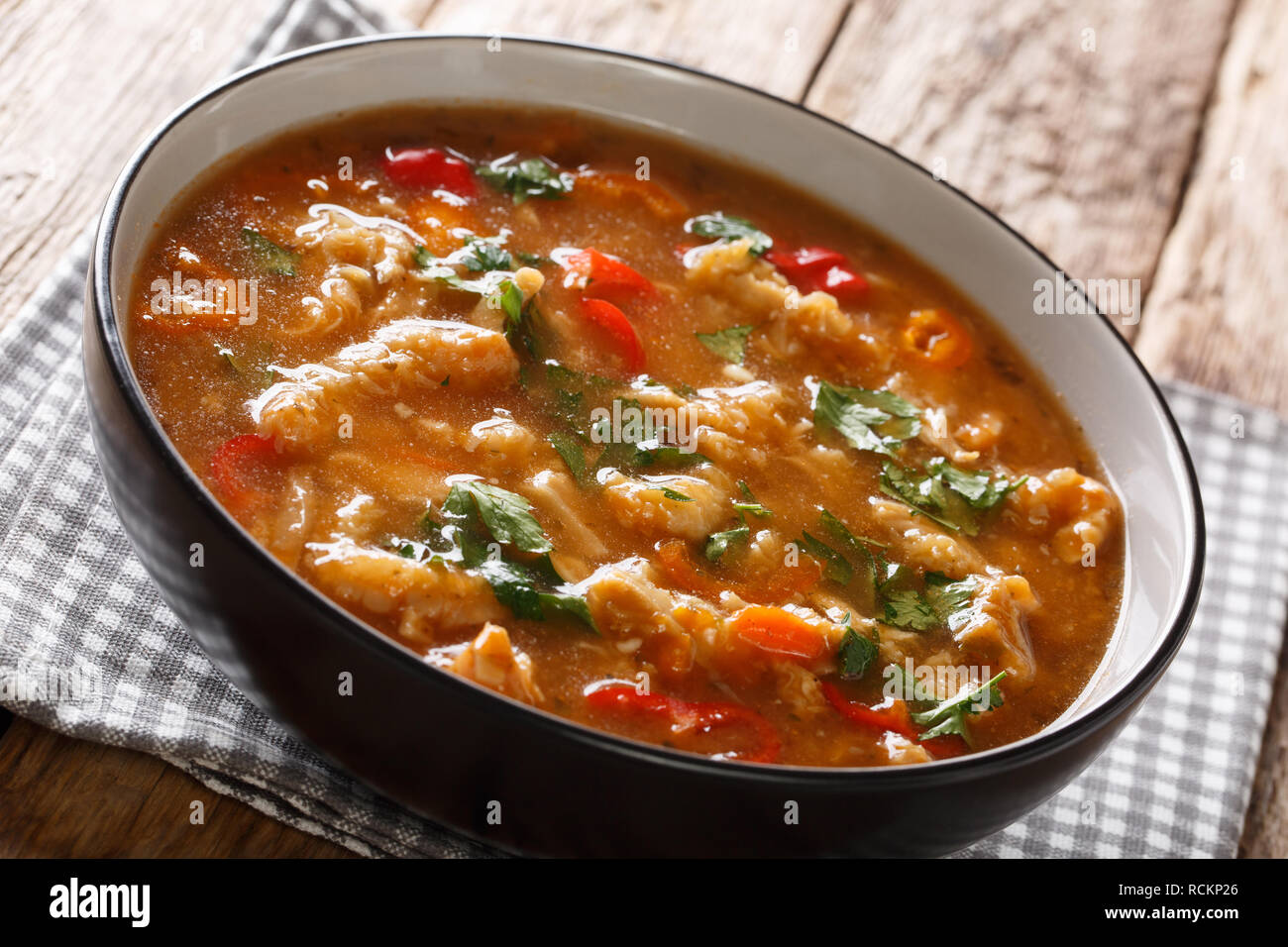 Polish thick soup flaczki with vegetables in tomato sauce close-up in a ...
