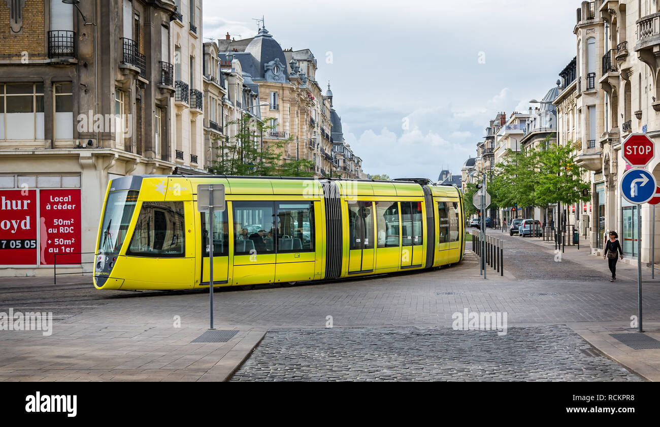 Yellow tram in downtown Reims taken in Reims, Burgundy, France on 27 ...