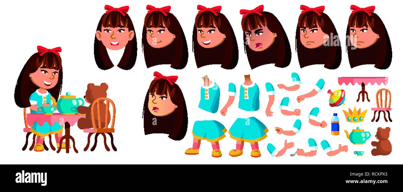 Asian Girl Kindergarten Kid Vector. Animation Creation Set. Face ...