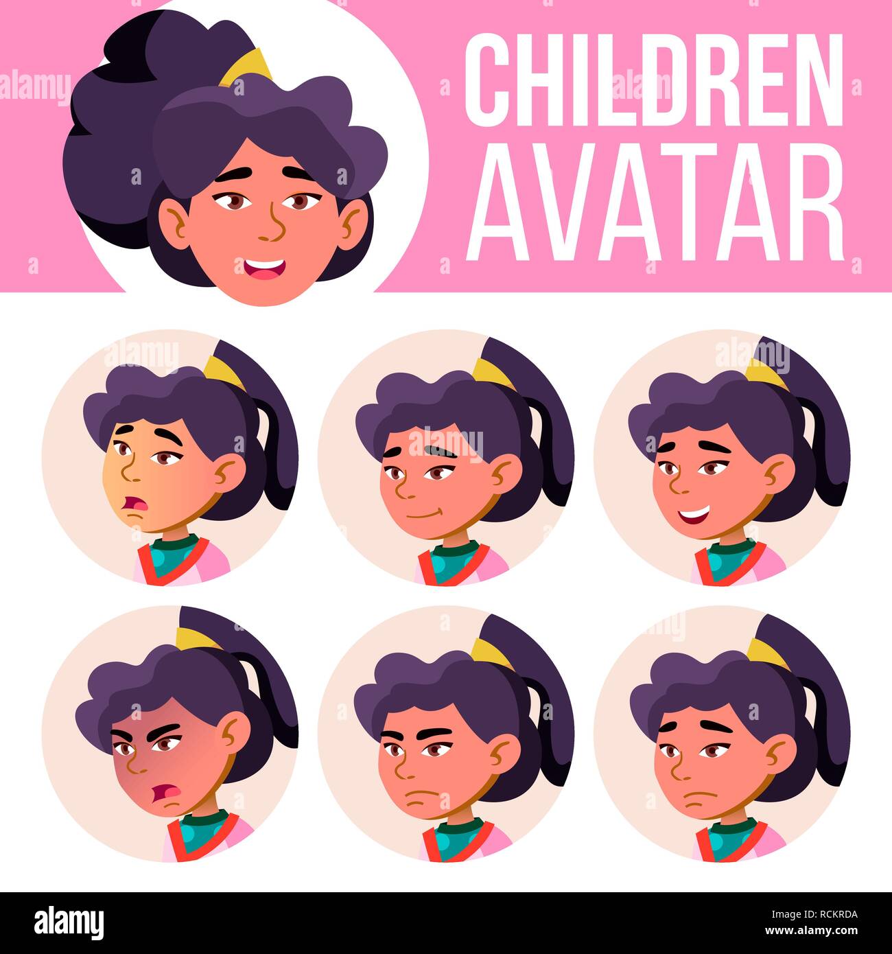 Asian Girl Avatar Set Kid Vector. Primary School. Face Emotions. Flat ...