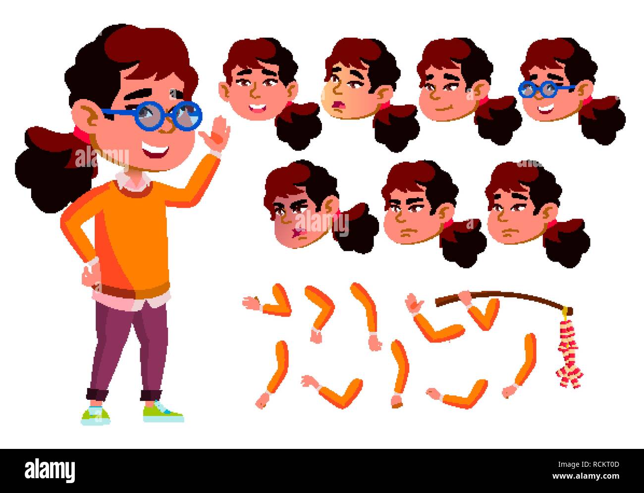 Asian Girl Child Vector. Face Emotions, Various Gestures. Animation Set ...