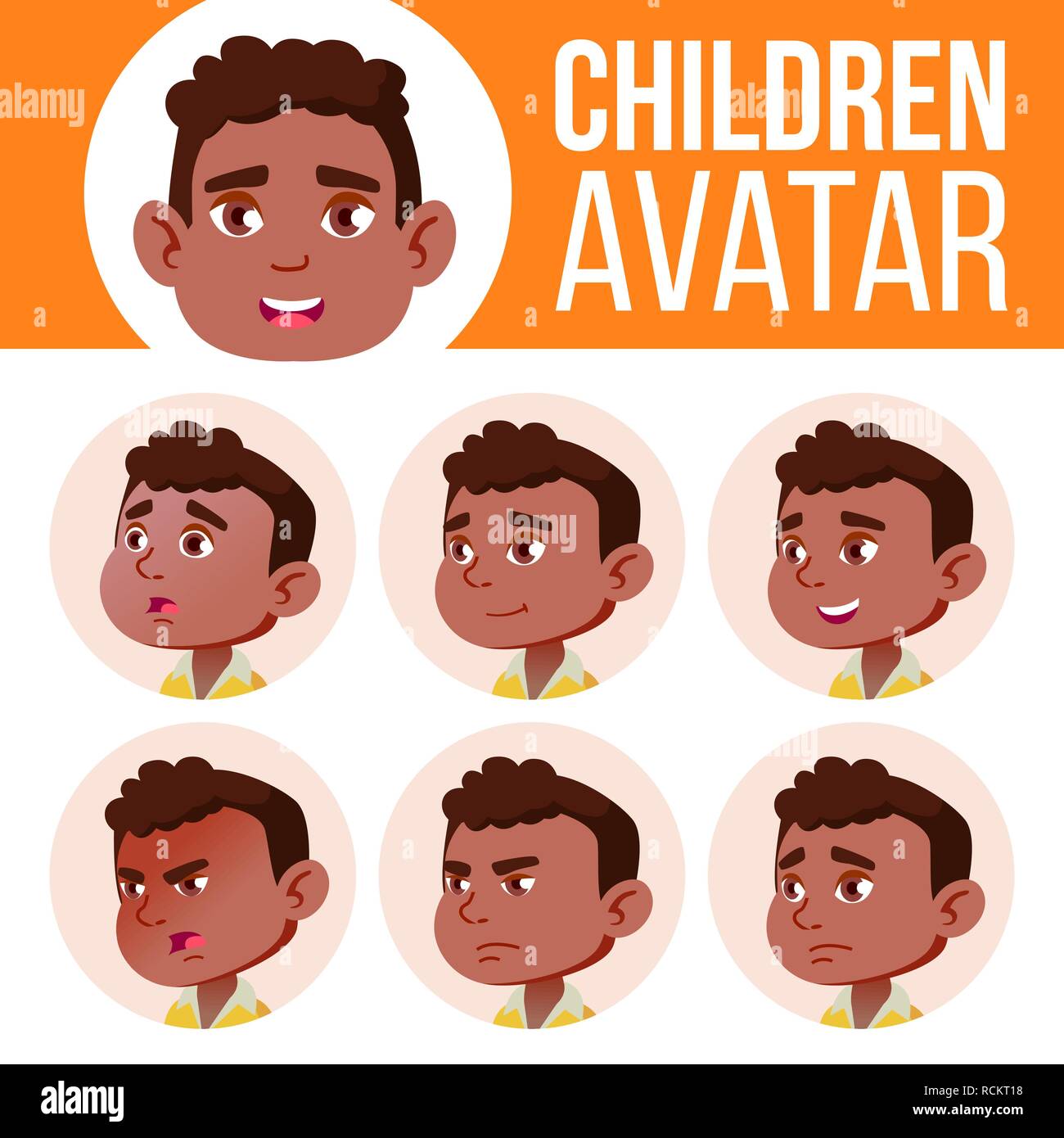 Black, Afro American Boy Avatar Set Kid Vector. Kindergarten. Face ...
