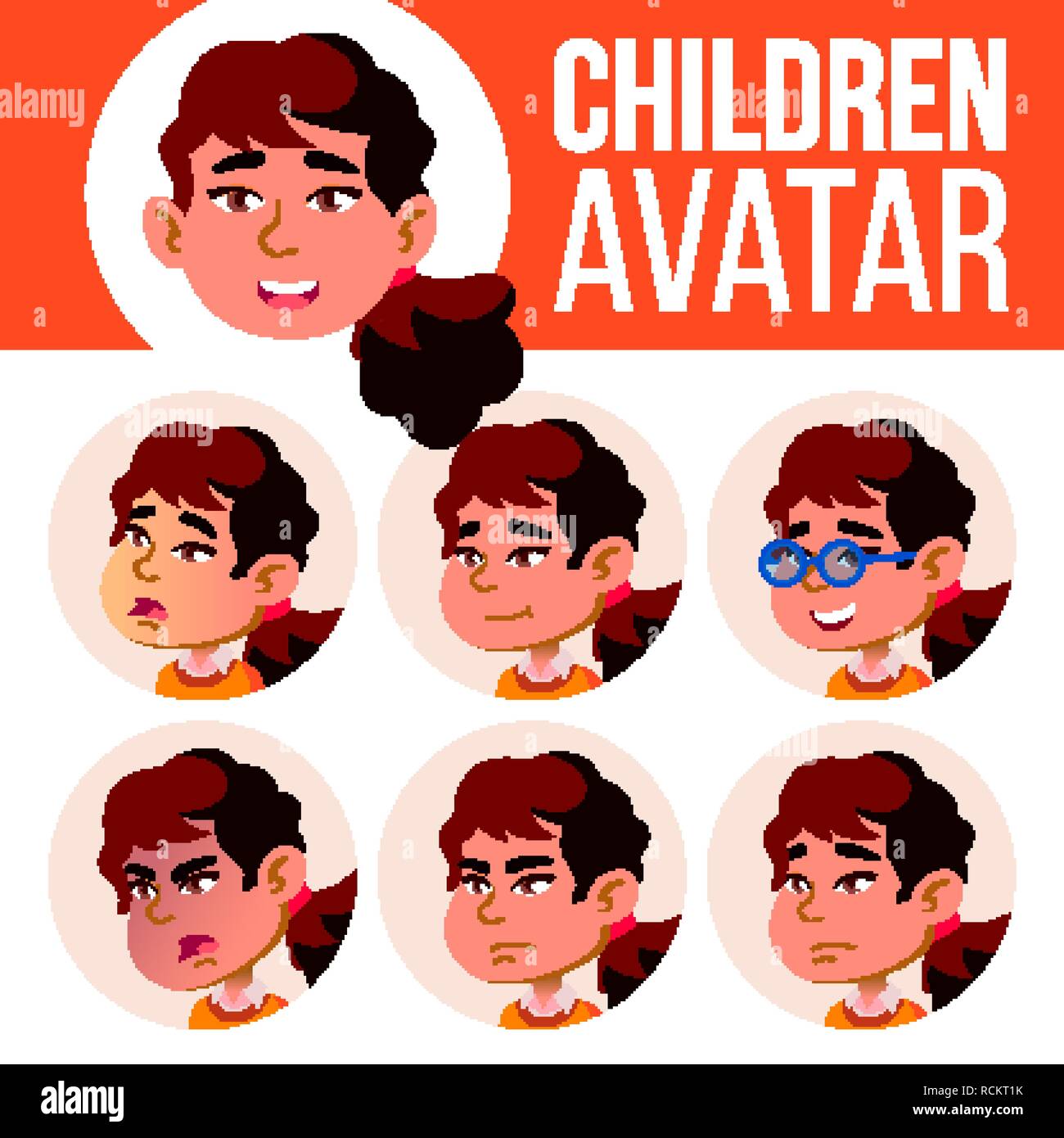 Asian Girl Avatar Set Kid Vector. Kindergarten. Face Emotions. Happy ...