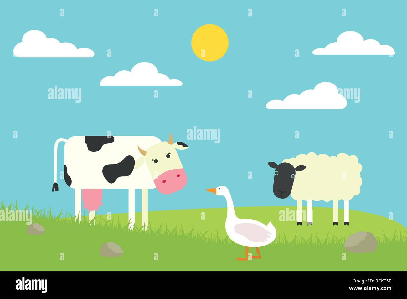 Flat Cow, goose and sheep standing on field. Vector illustration Stock ...