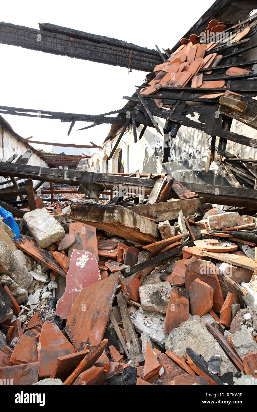 Collapsed Roof and Burned Wooden Structure in Factory After Fire Stock ...