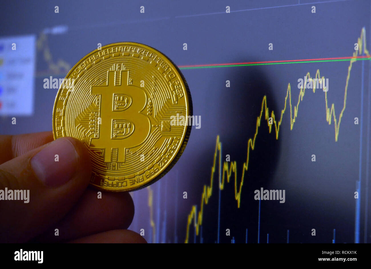 Digital currency of future Bitcoin. Golden BTC coin in front of charts ...