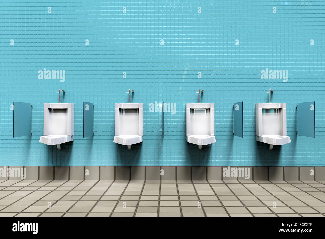 Men's room with white porcelain urinals in line. Modern clean public ...