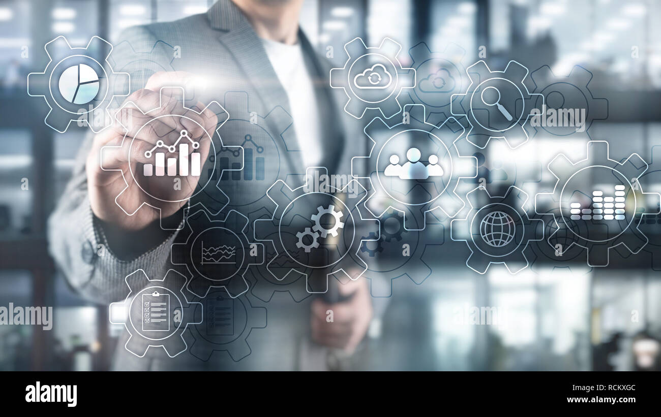 Business process abstract diagram with gears and icons. Workflow and ...