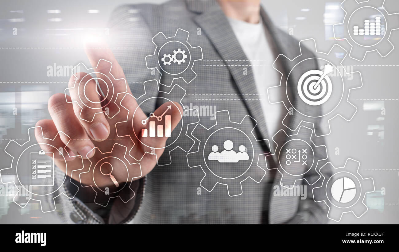 Business process automation concept. Gears and icons on abstract ...