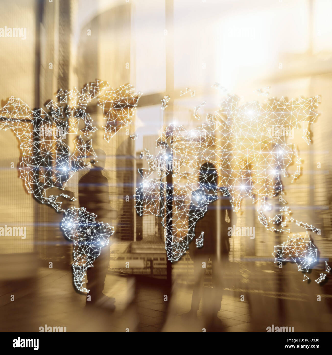 Global World Map Double Exposure Network. Telecommunication ...