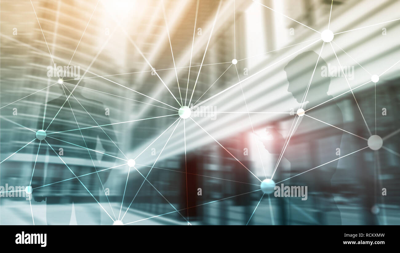 Blockchain network on blurred skyscrapers background. Financial ...