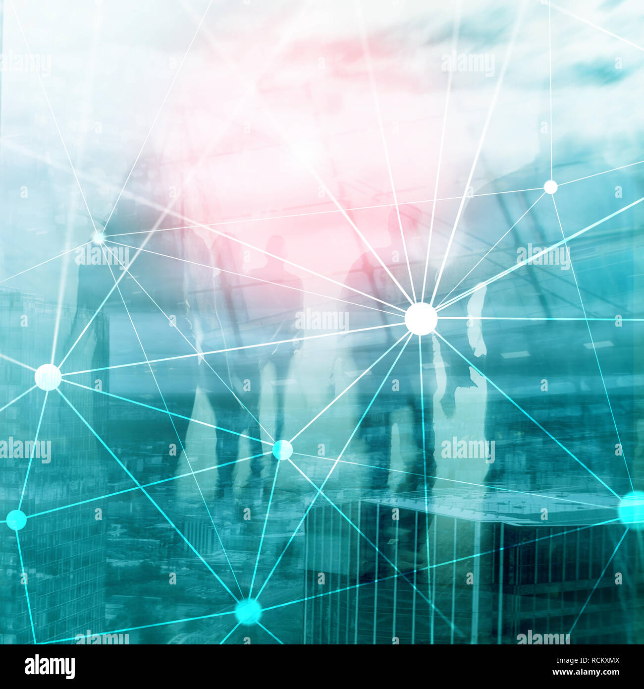 Blockchain network on blurred skyscrapers background. Financial ...