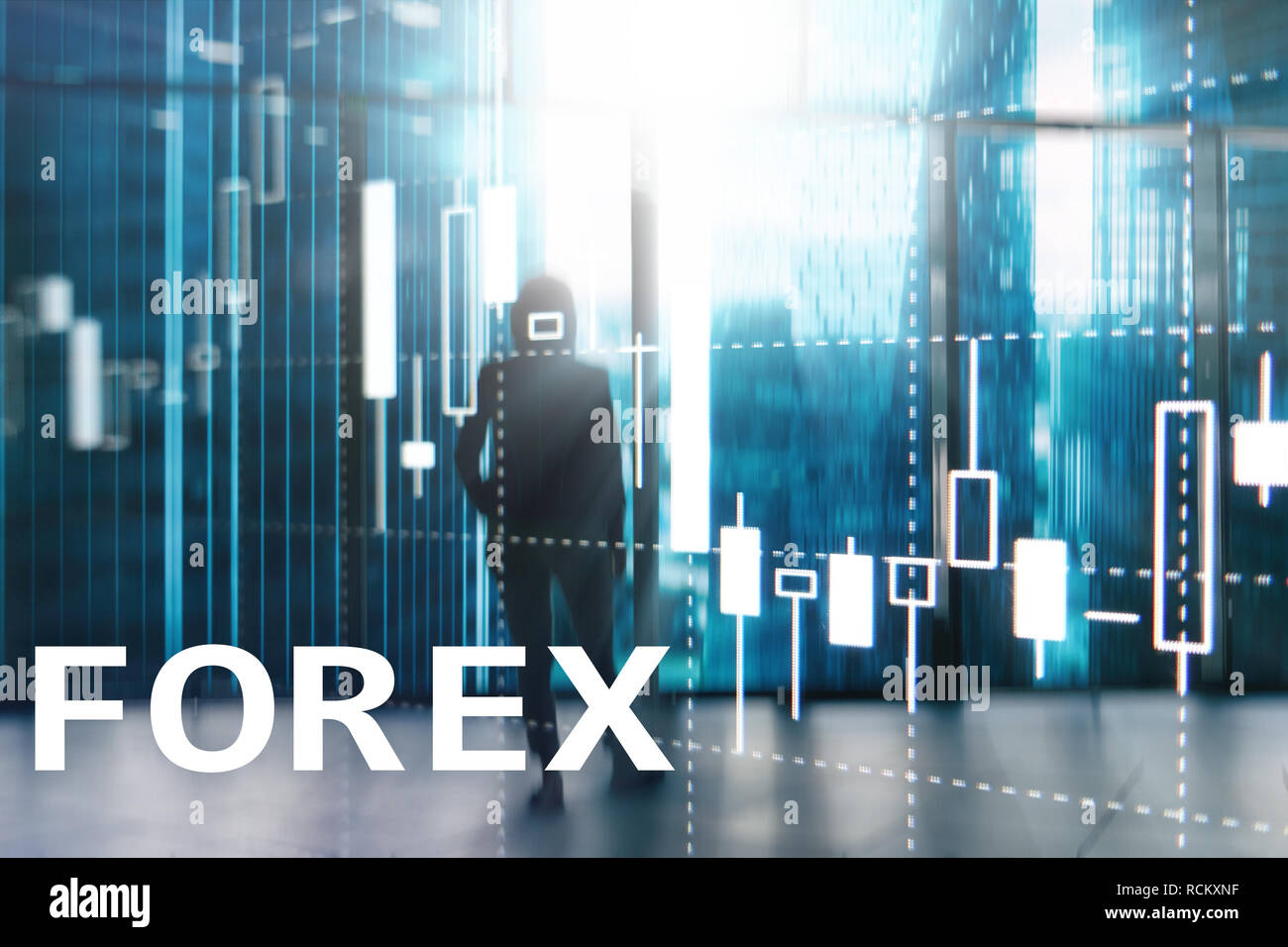 Forex trading, financial candle chart and graphs on blurred business ...