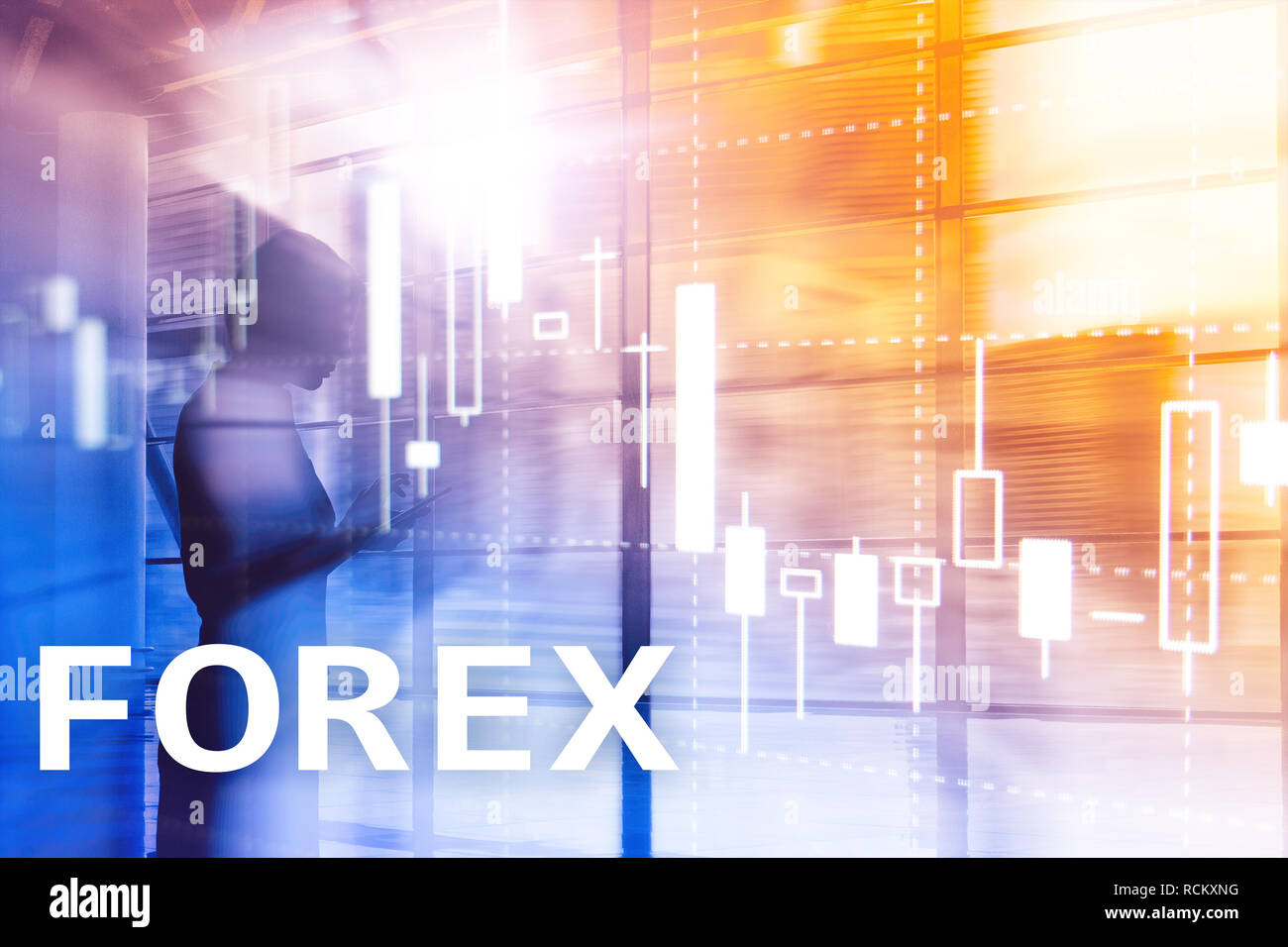 Forex trading, financial candle chart and graphs on blurred business ...
