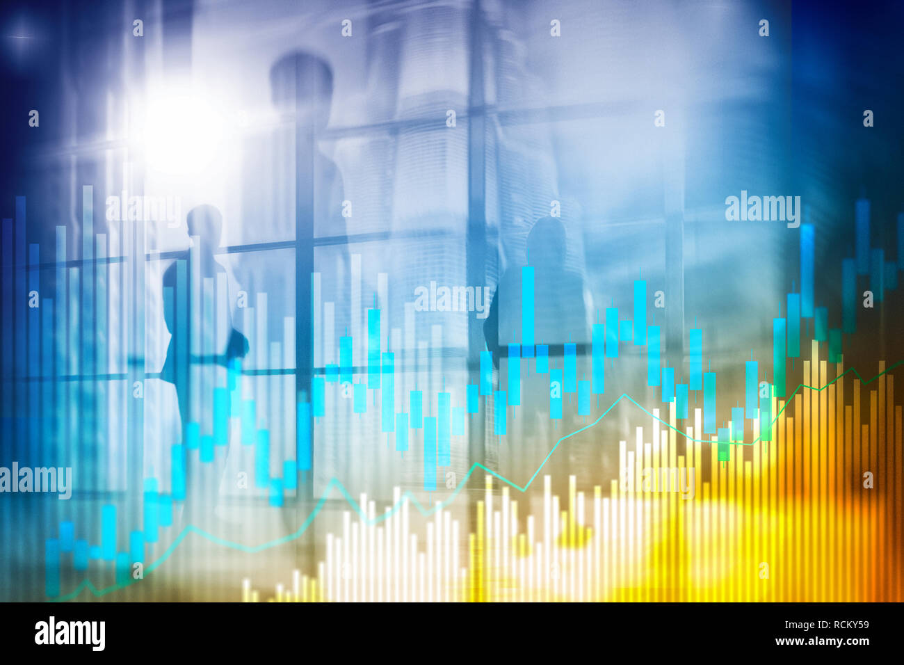 Stock trading candlestick chart and diagrams on blurred office center ...