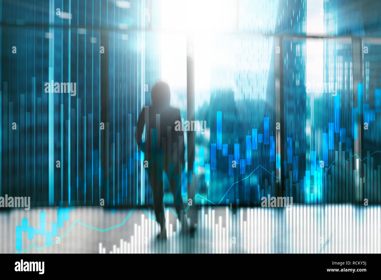 Stock trading candlestick chart and diagrams on blurred office center ...