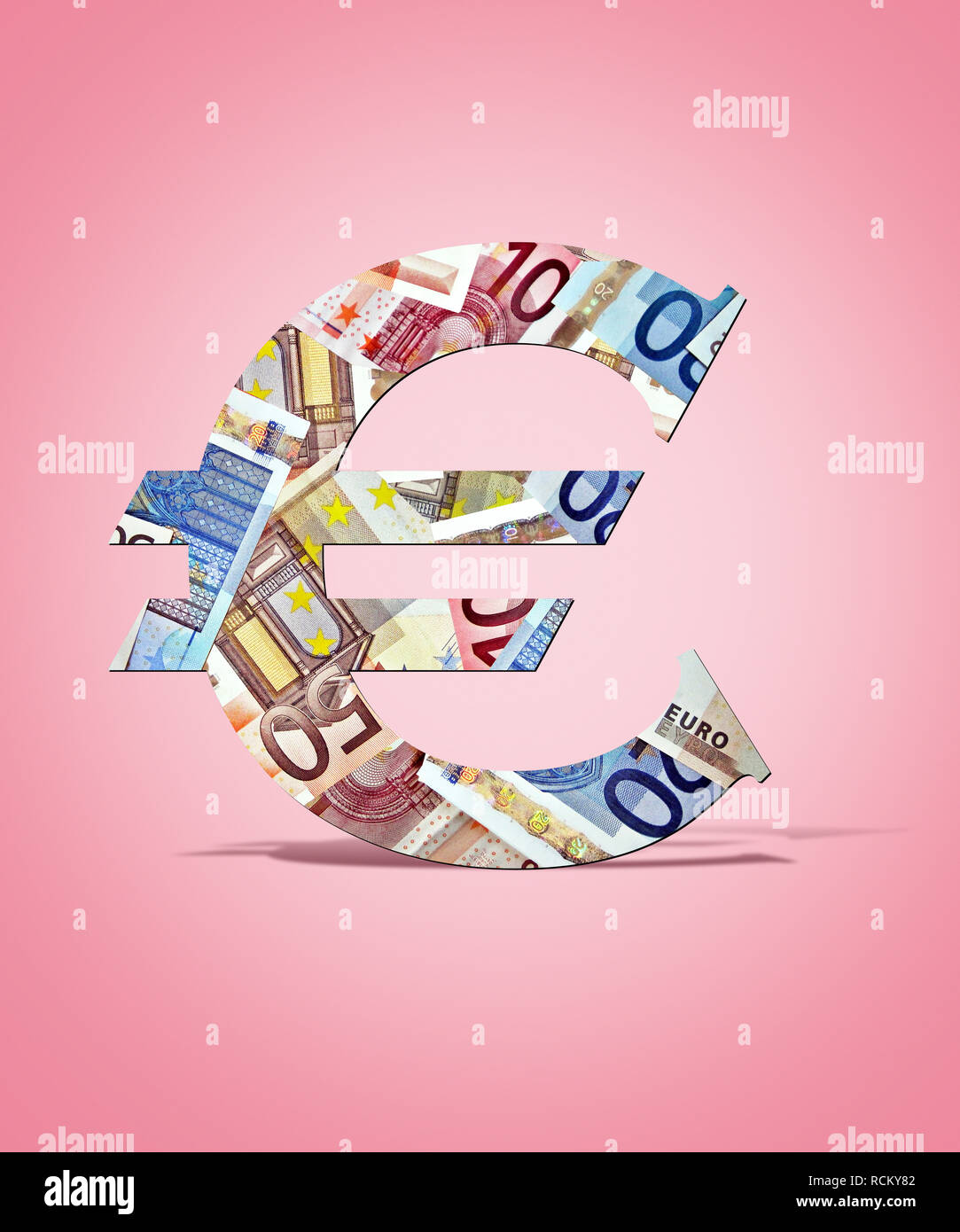 Euro banknotes in shape of Euro sign, computer generated image, pink ...