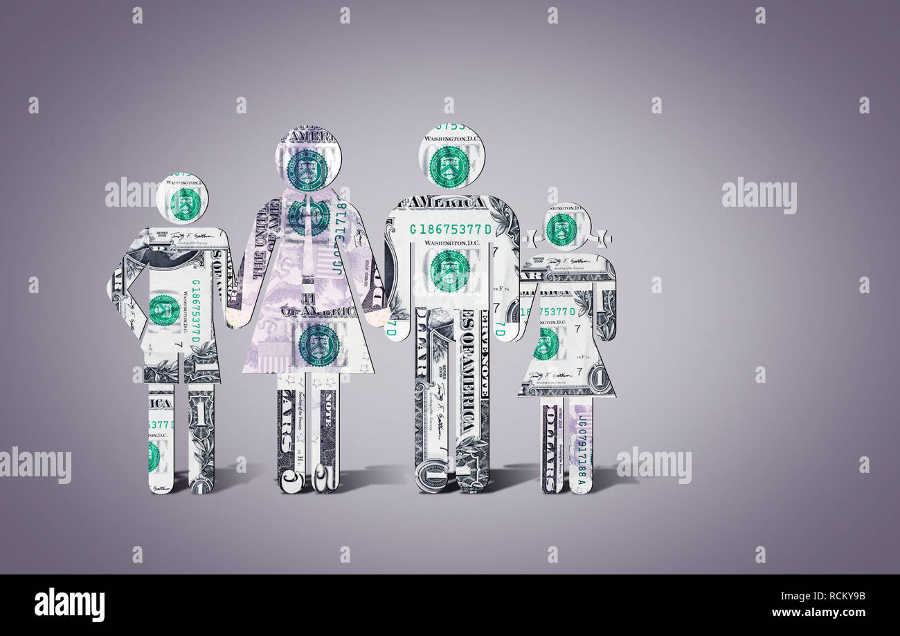 US dollar banknotes in shape of family standing in a row, computer ...