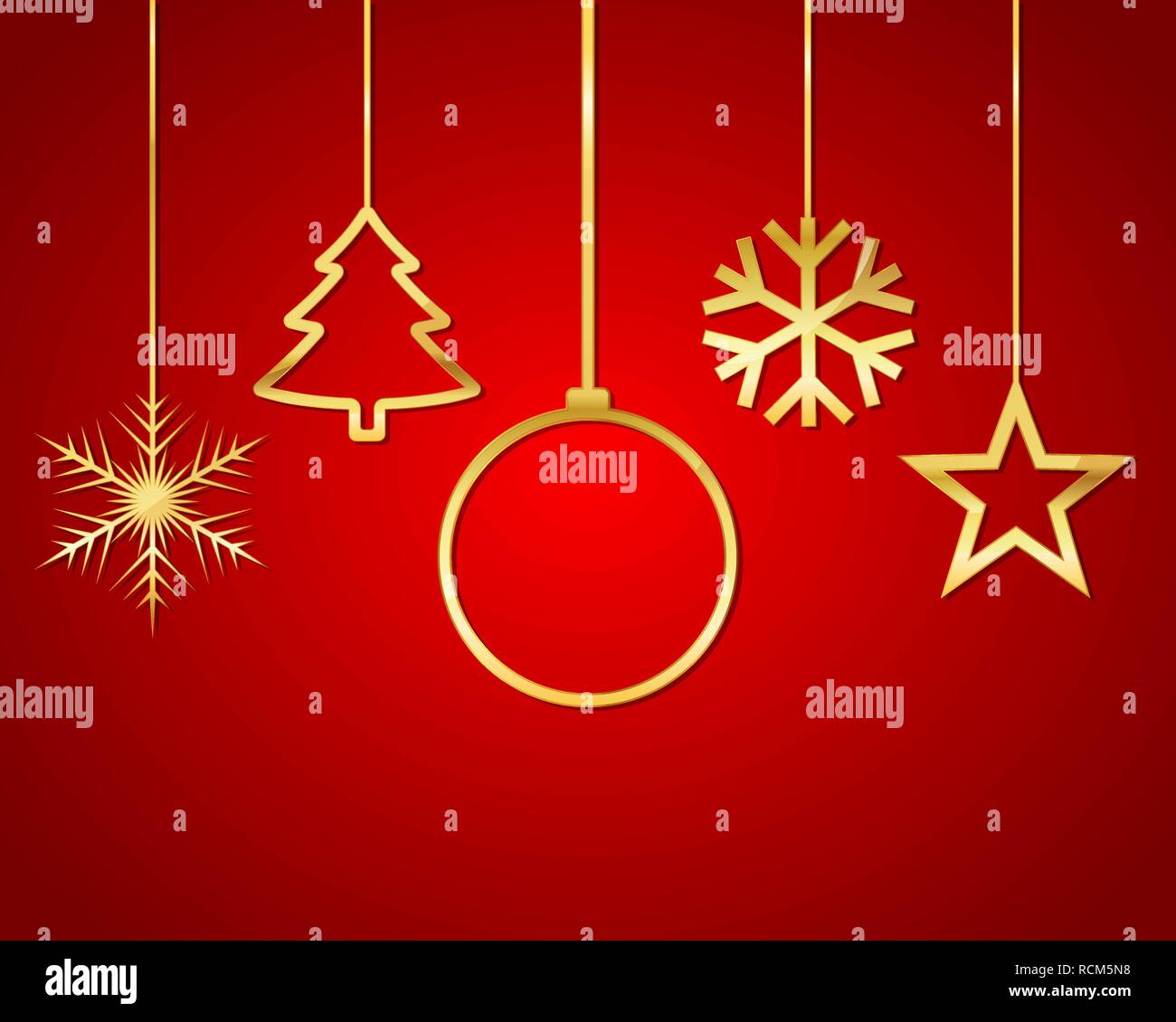Festive red background with golden Christmas ball, Christmas tree, star ...