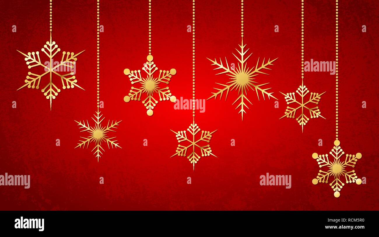 Celebratory red background with golden hanging snowflakes. Vector ...