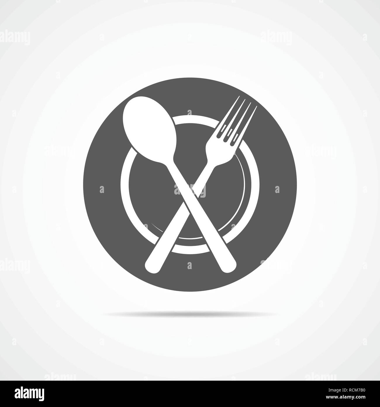 Plate, fork and spoon icon in flat design. Vector illustration. Gray ...