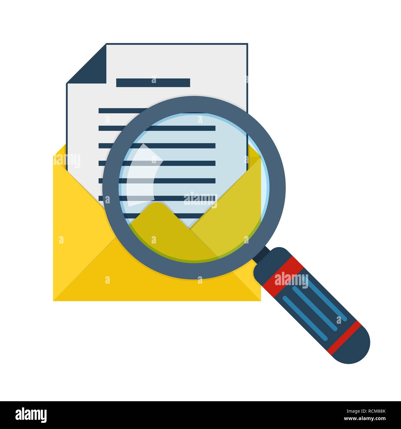 Mail envelope with document and magnifying glass in flat design. Vector ...