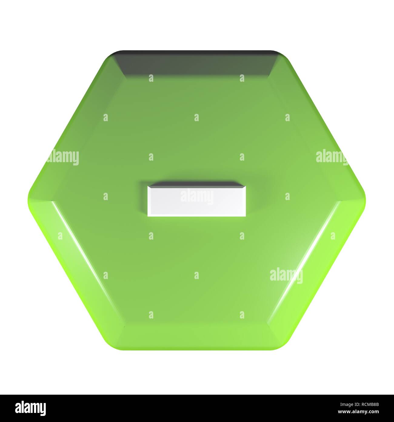 Green hexagonal push button with the sign - for the subtraction ...