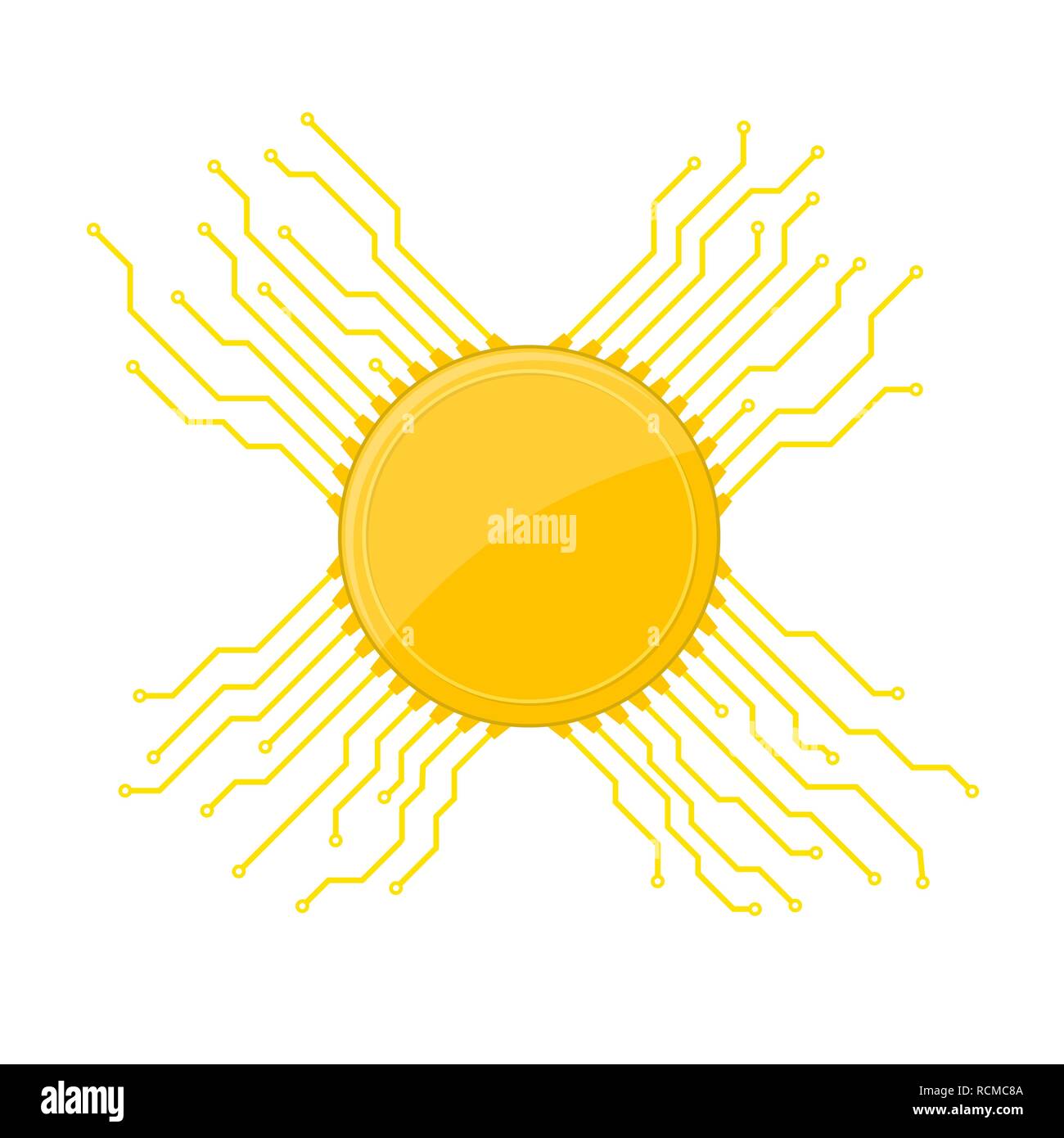 Yellow microchip icon in flat design. Vector illustration. Microcircuit ...