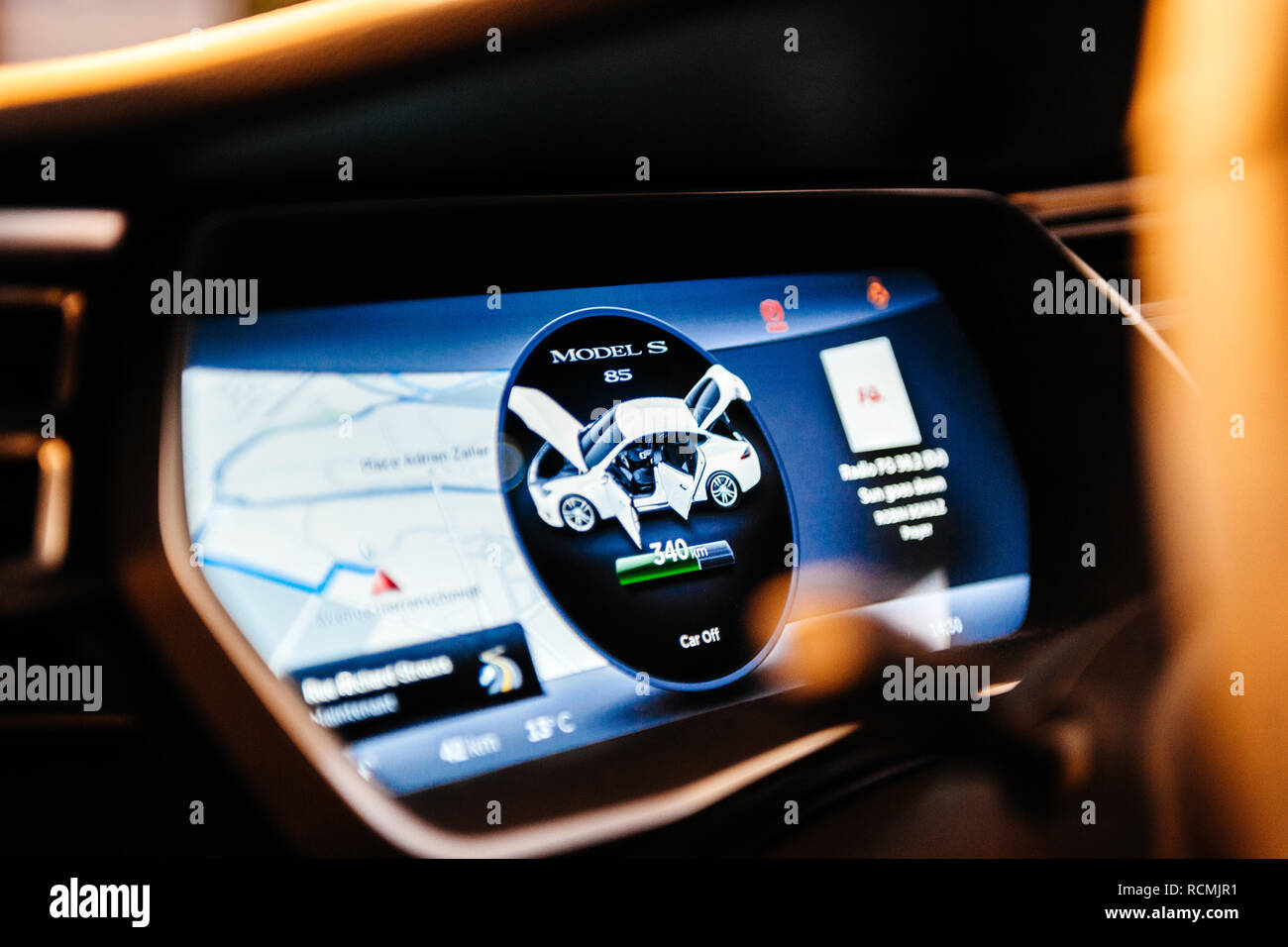 PARIS, FRANCE - NOV 29, 2014: POV New Tesla Model S dashboard computer ...