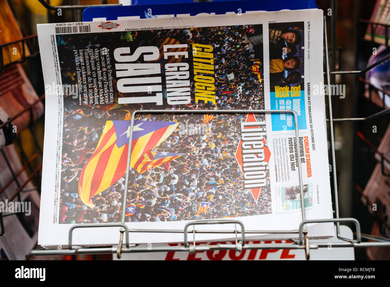 PARIS, FRANCE - OCT 28, 2017: Details of Liberation French newspaper ...