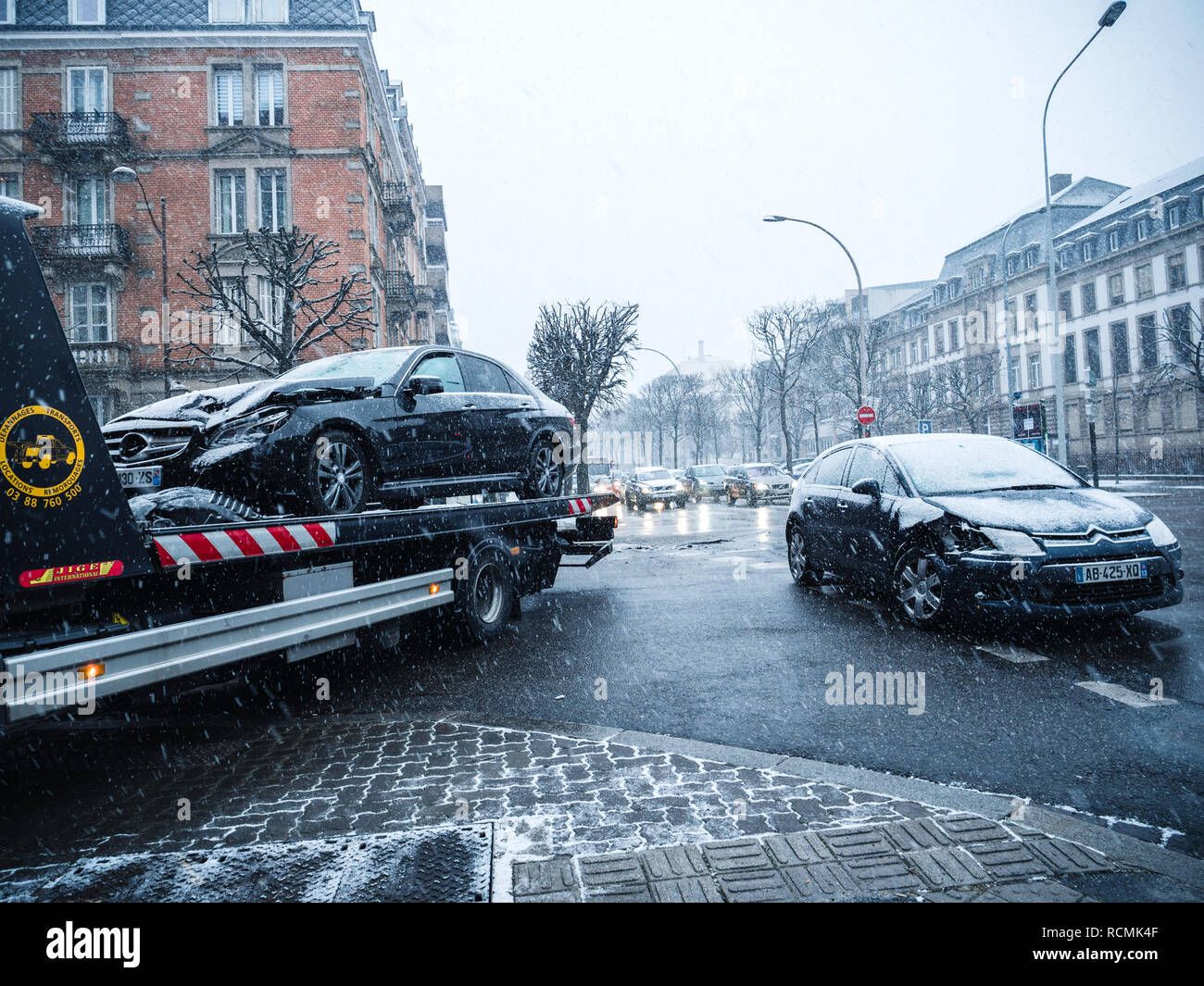 STRASBOURG, FRANCE - MAR 2, 2018: Car accident on French street between ...
