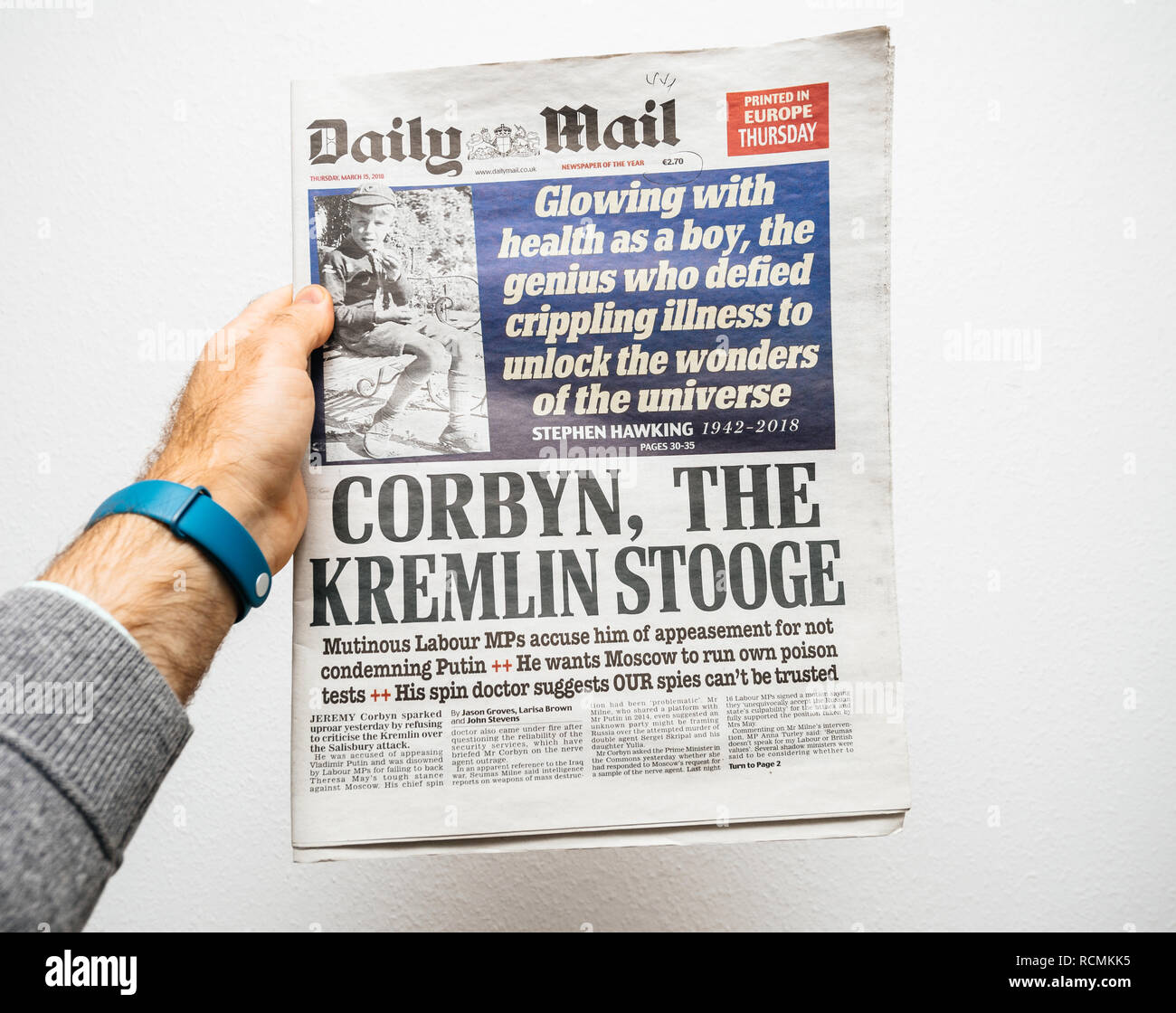 PARIS, FRANCE - MAR 19, 2018: British Daily Mail newspaper with ...