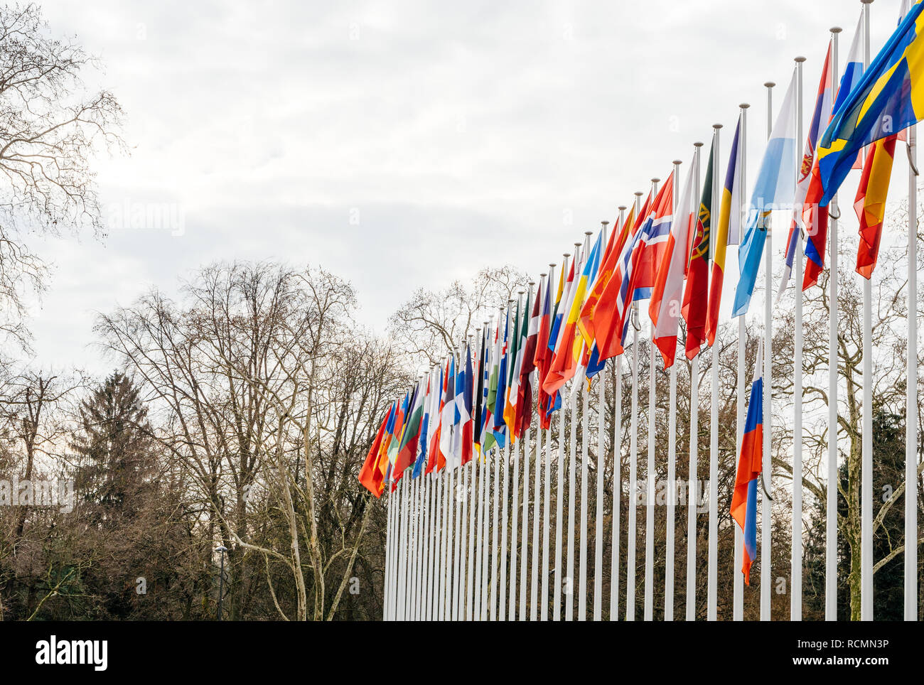 Perspecgive view of Flag of Russia flying half-mast at Council of Europe as a tribute and ...