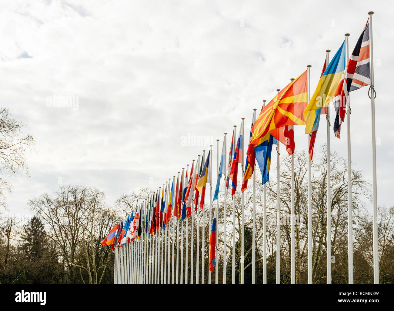 Perspective view of Flag of Russia flying half-mast at Council of Europe as a tribute and ...