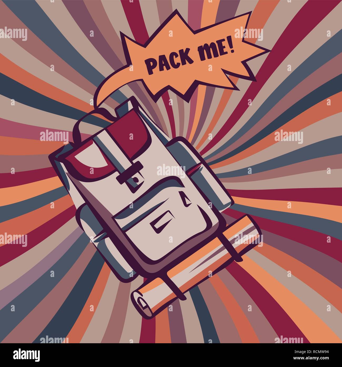 Backpack with comic speech explosion and vintage colorful rays in pop ...