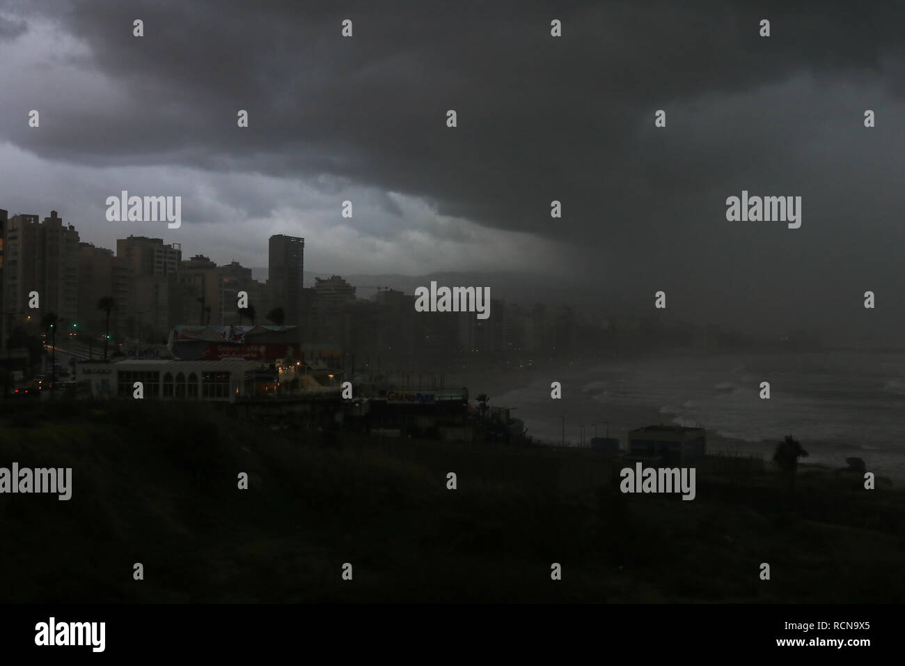 Beirut, Lebanon. 16th Jan, 2019. Beirut coastline is battered by Storm ...
