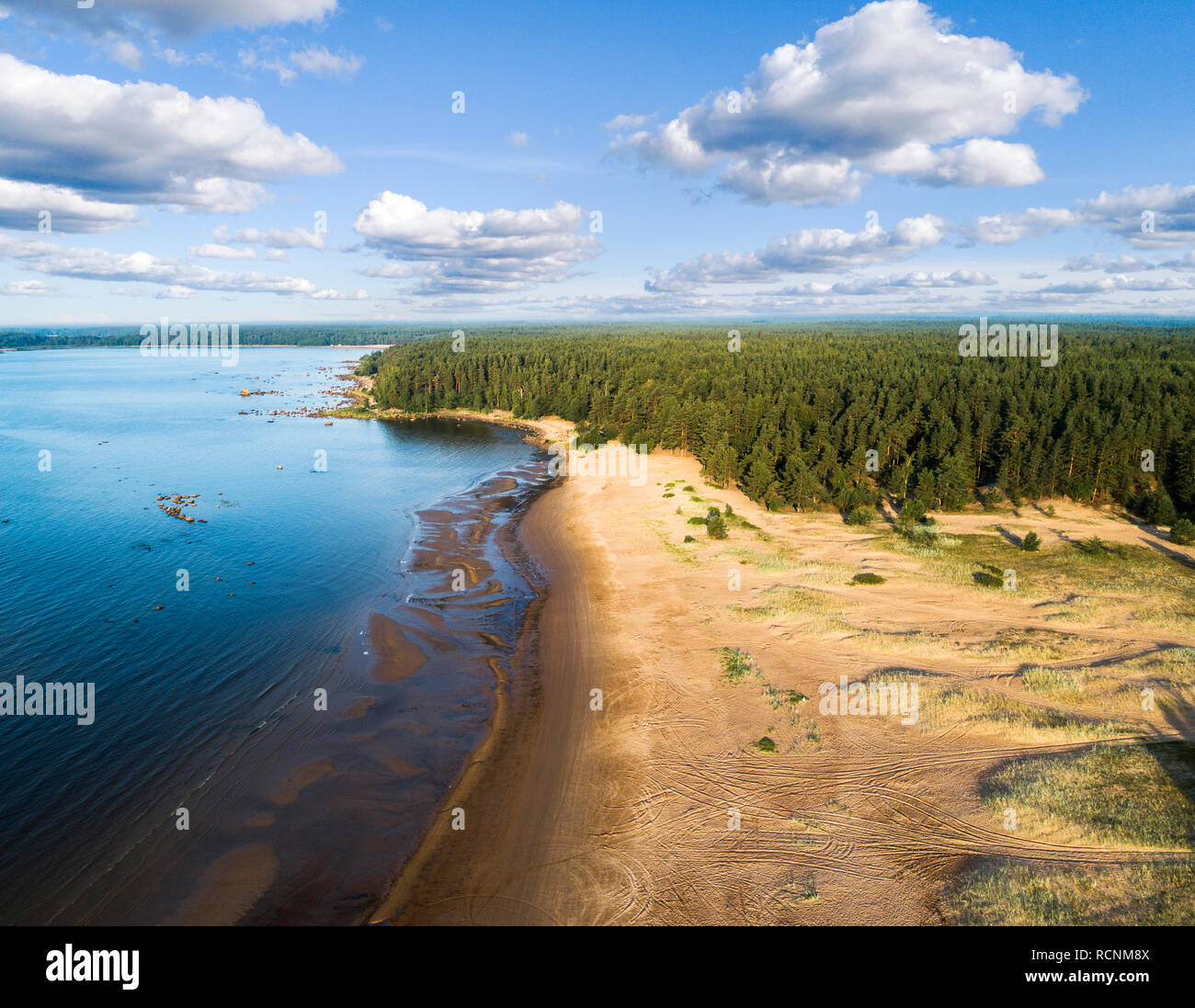 Aerial view of seashore with beach, lagoons. Coastline with sand and ...