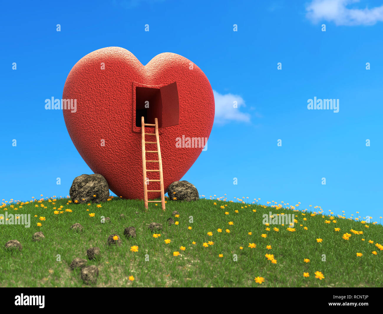 3D rendering of red heart-shaped lodge on grassy hill with yellow ...