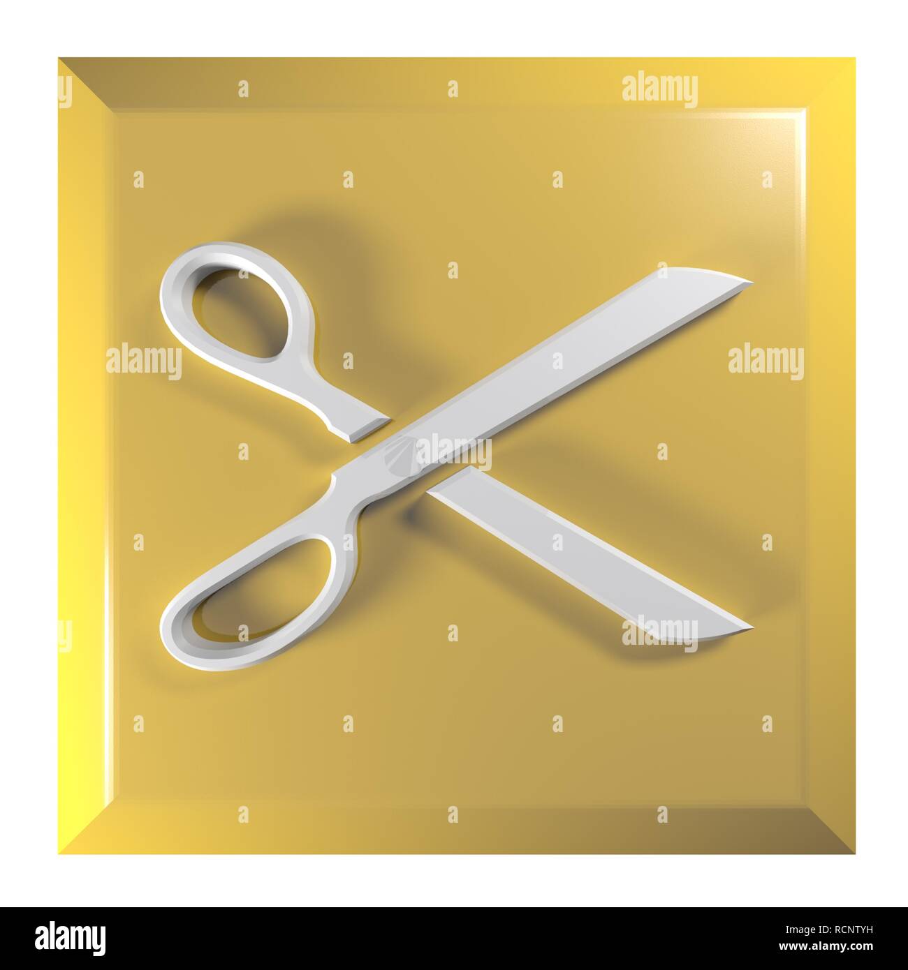 Scissors icon yellow - orange push button - 3D rendering illustration ...