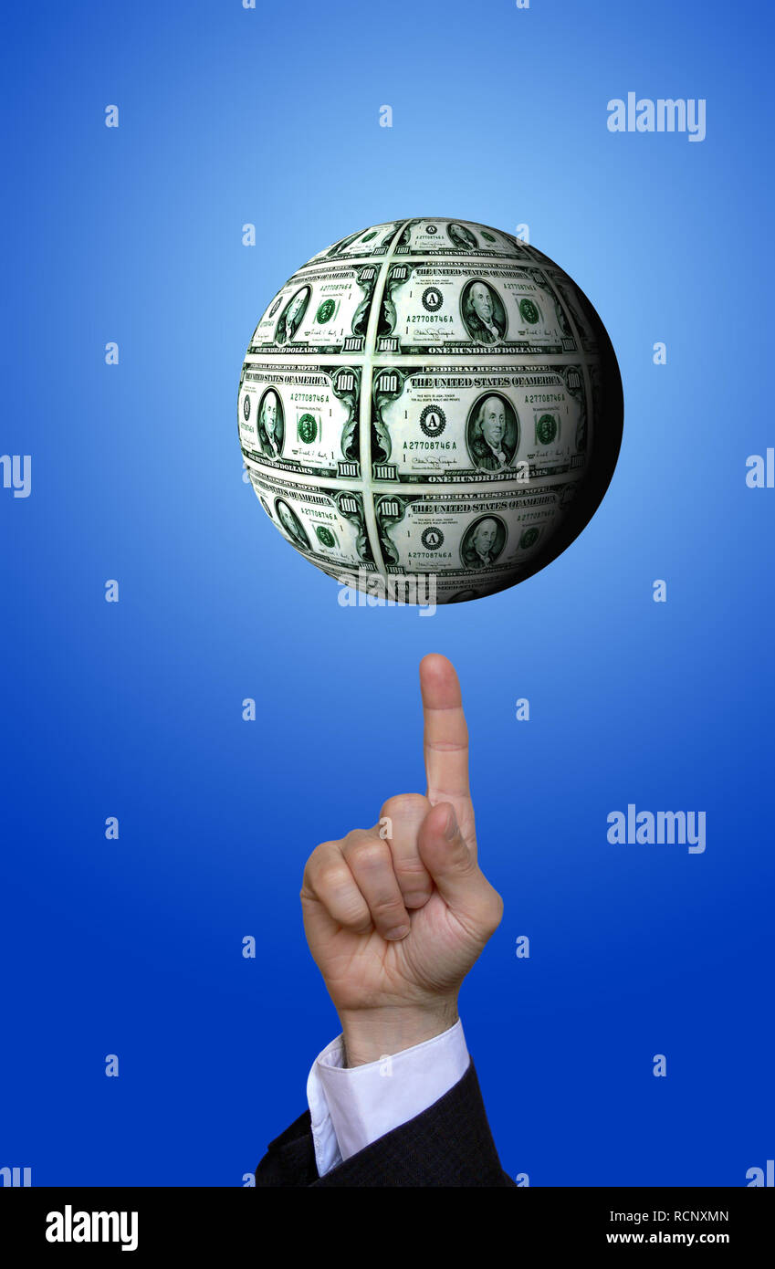 businessman hand pointing the finger up with a dollar sphere floating ...