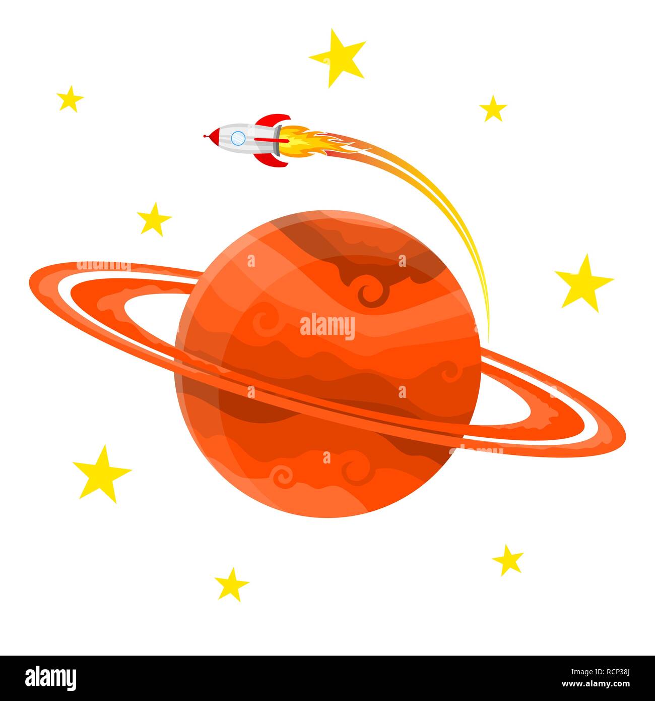 Cartoon planet icon with a rocket in flat design. Vector illustration ...